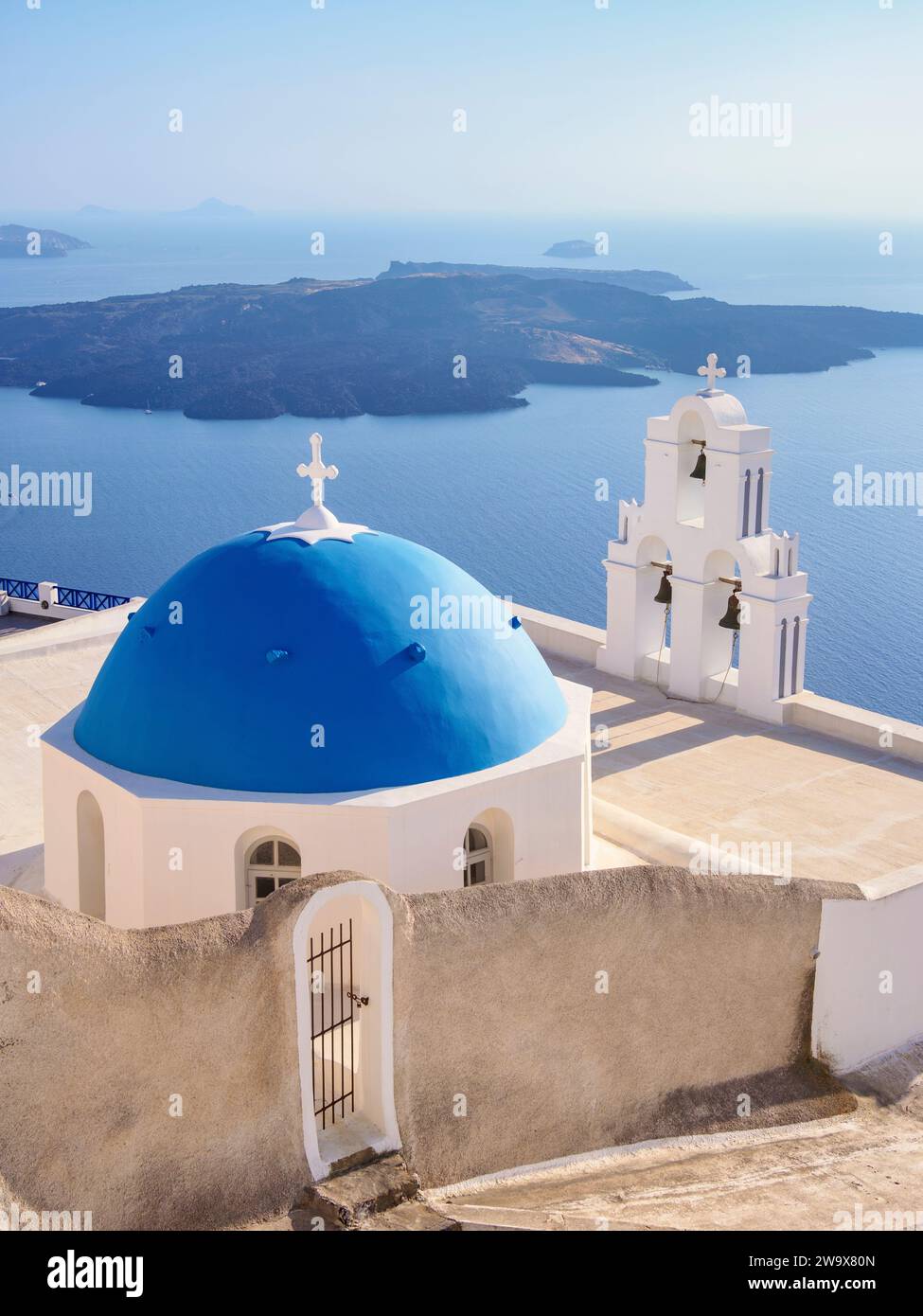 Three Bells of Fira, iconic blue domed church, Fira, Santorini or Thira ...