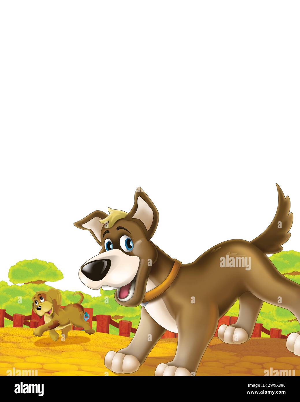 cartoon scene with dog having fun on the farm on white background ...