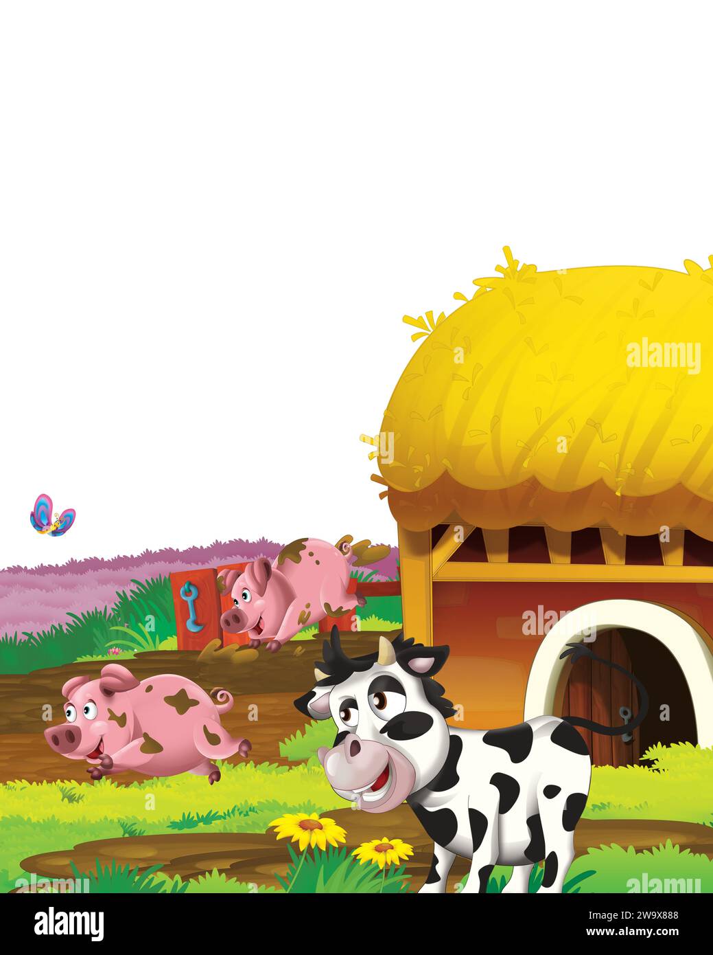 cartoon scene with pig and cow on a farm having fun on white background ...