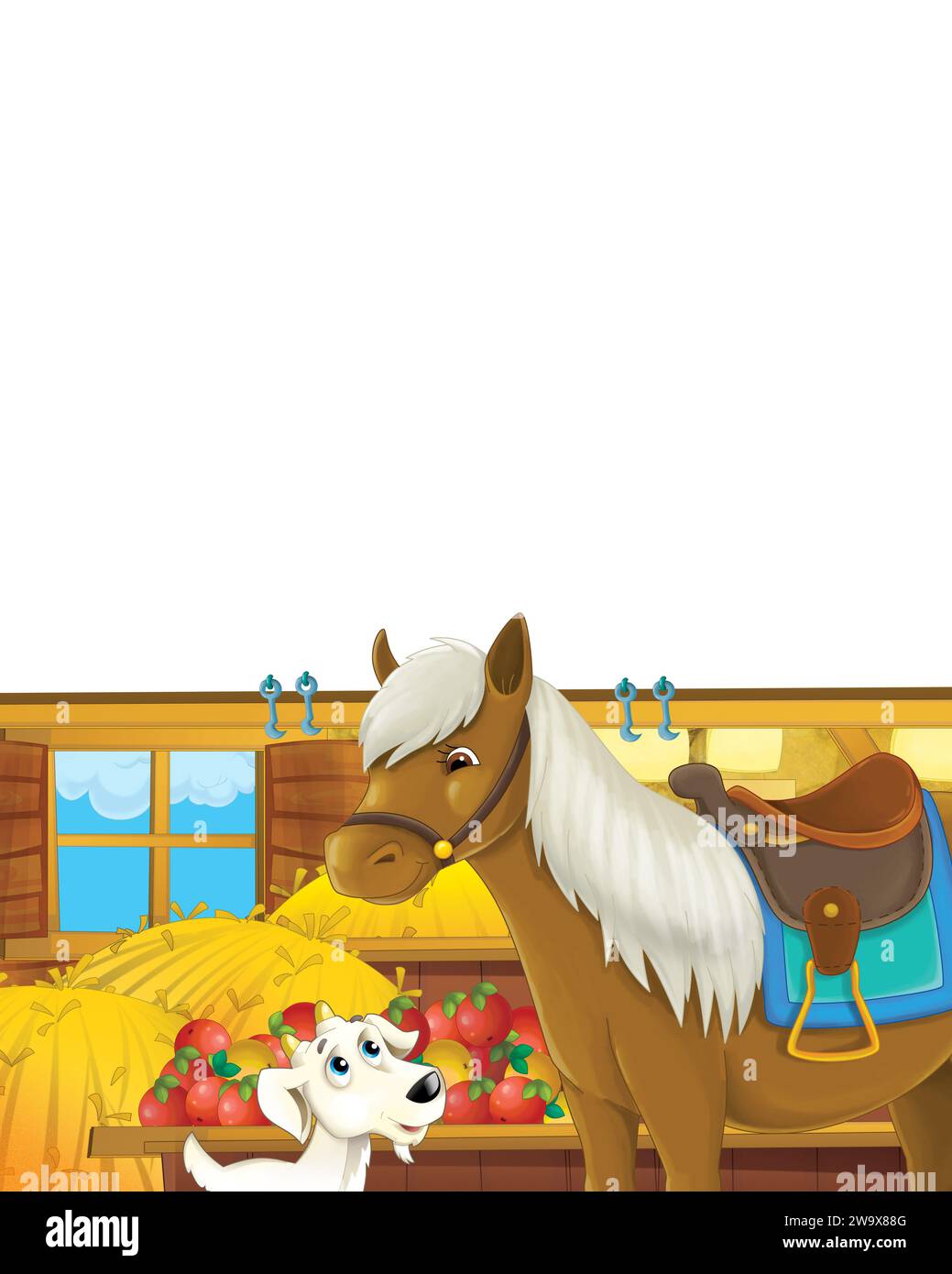 cartoon scene with horse having fun on the farm on white background ...