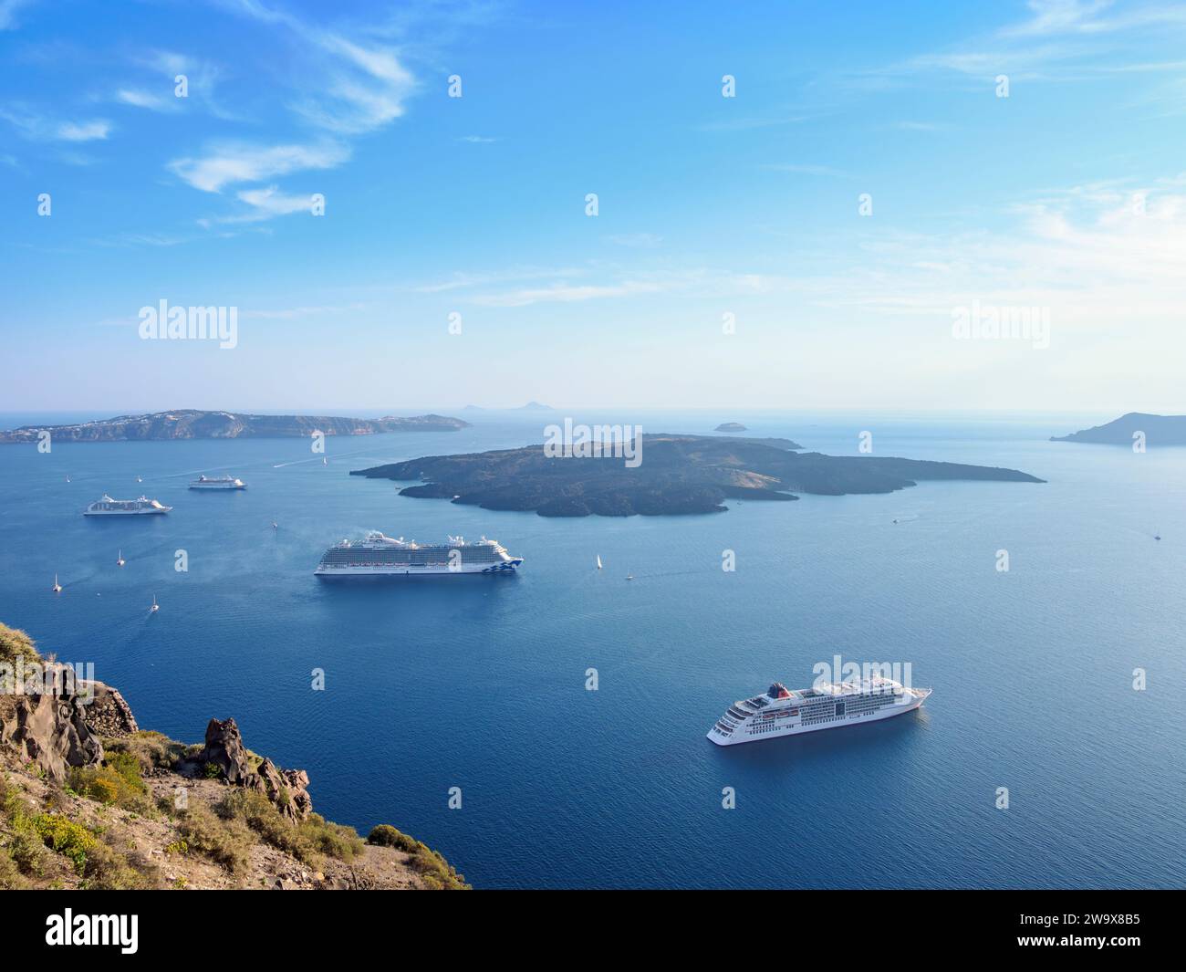 Cruise Ships at the caldera seen from Fira, Santorini or Thira Island ...