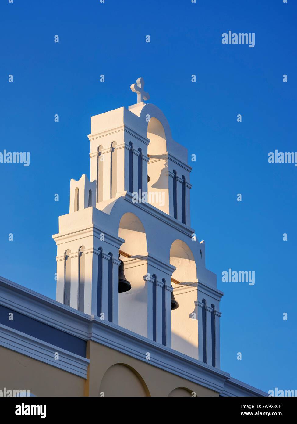 Three Bells of Fira, iconic blue domed church detailed view, Fira ...