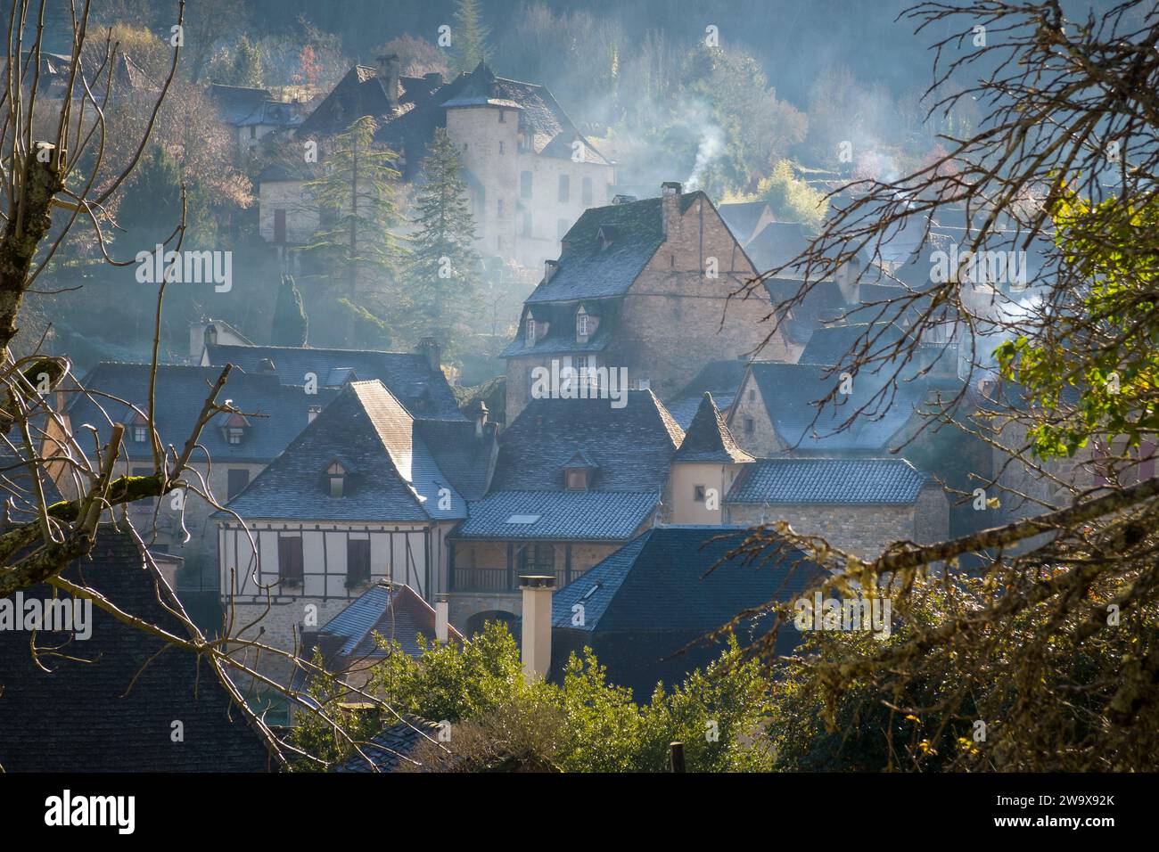 The medieval village of Autoire on a frosty winters morning in the Lot ...