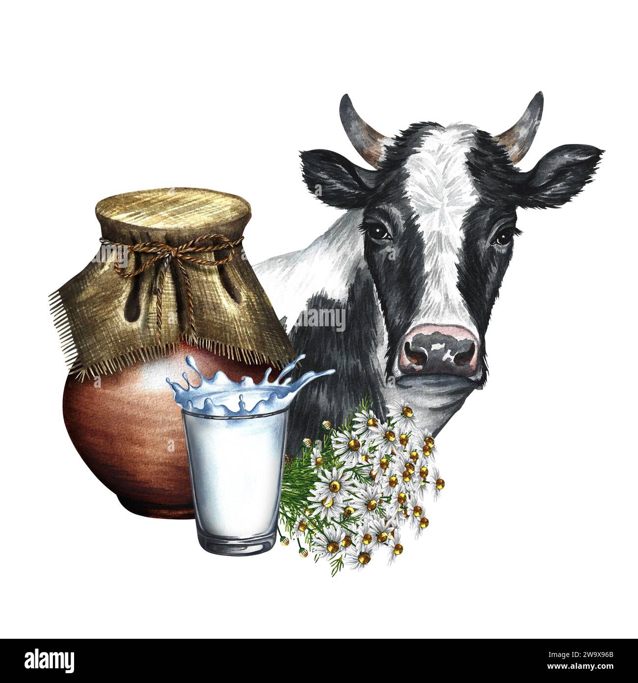 Portrait of a cow and dairy products in ceramic and glassware ...