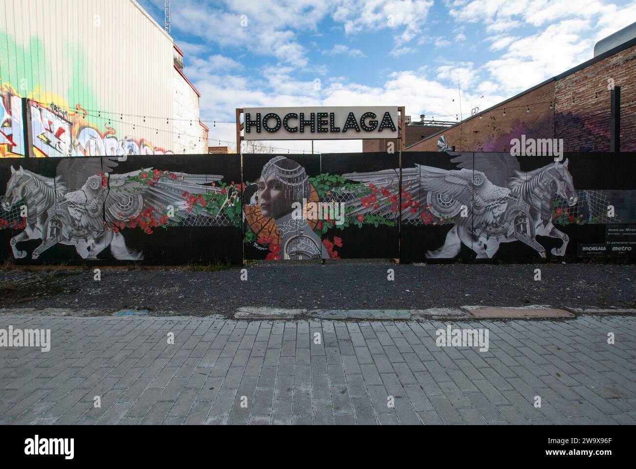 Welcome to Hochelaga sign and winged horse mural on Ontario Street in ...