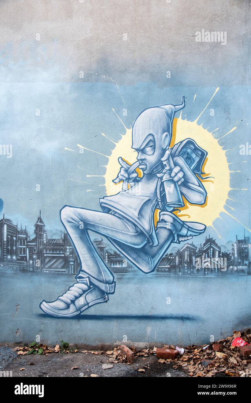 Running across a town mural in Hochelaga neighborhood in Montreal ...