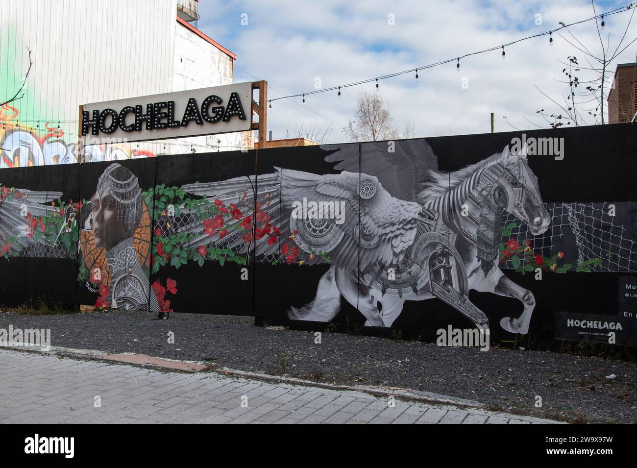 Welcome to Hochelaga sign and winged horse mural on Ontario Street in ...