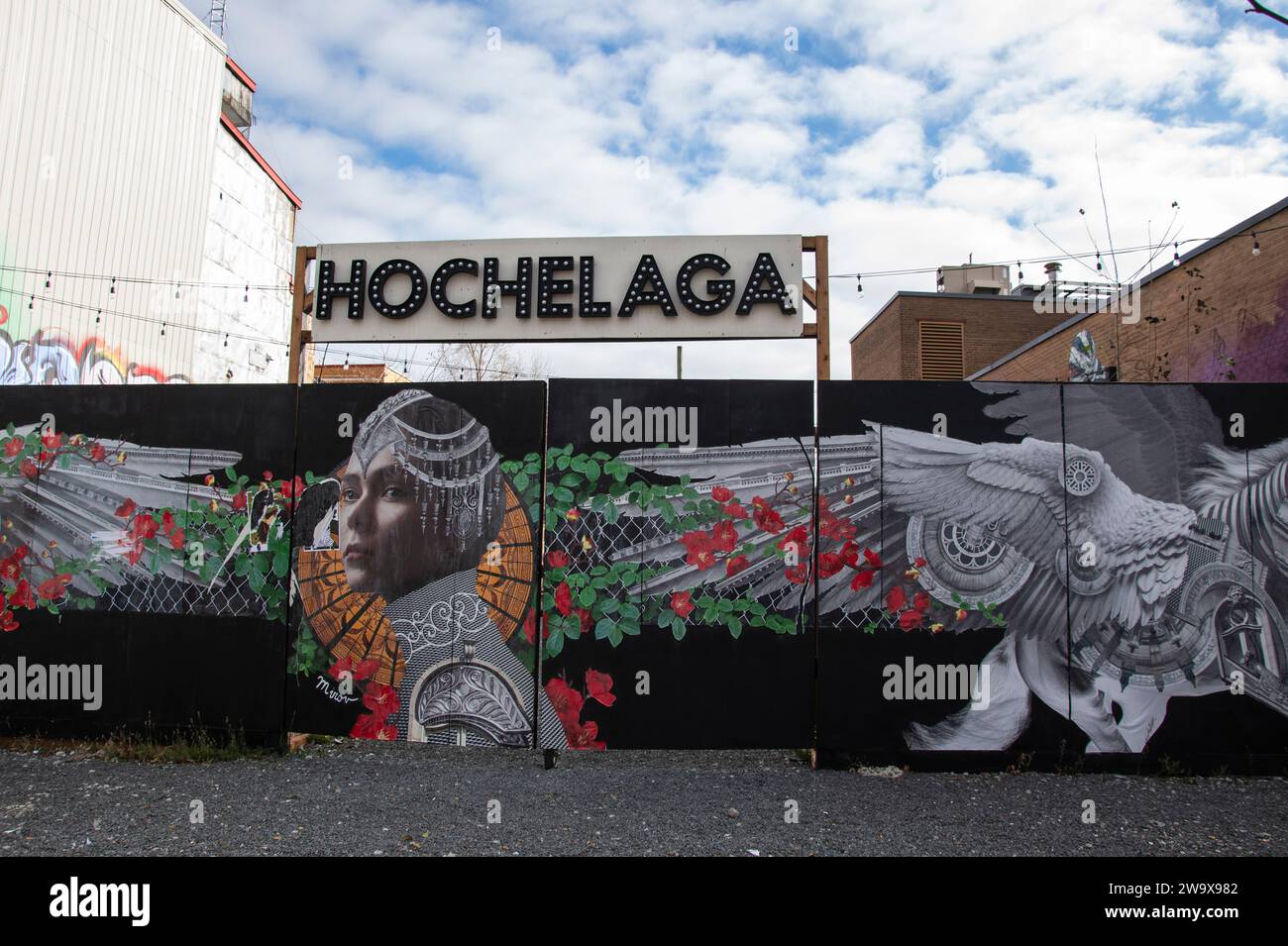 Welcome to Hochelaga sign and winged horse mural on Ontario Street in ...