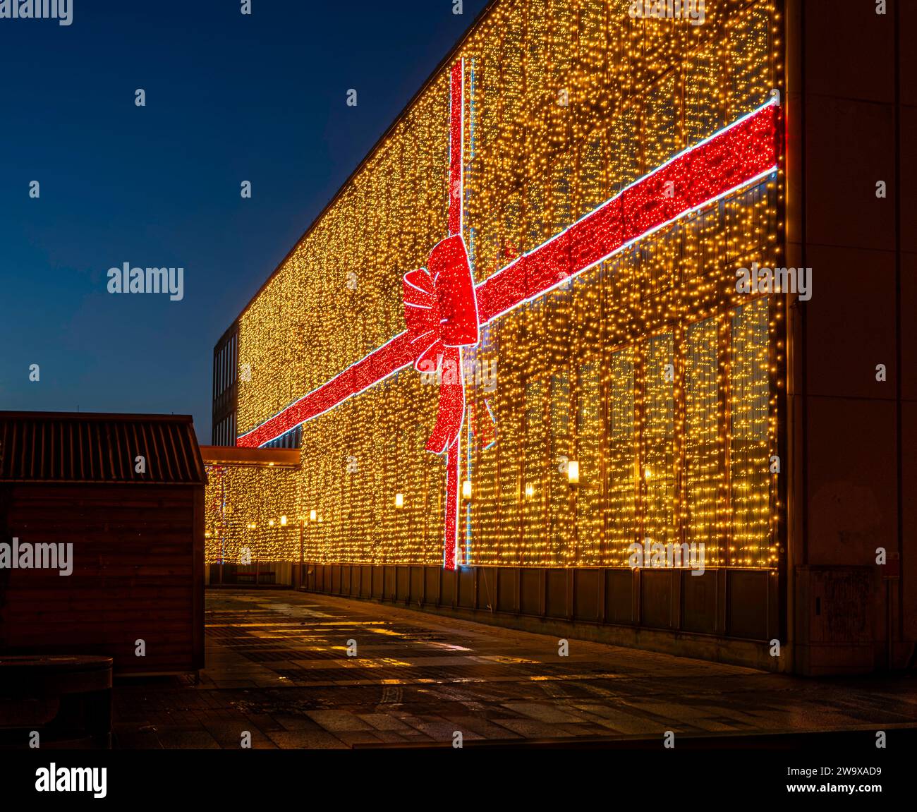 the city hall in Fredericia decorated with lights depicting a christmas ...