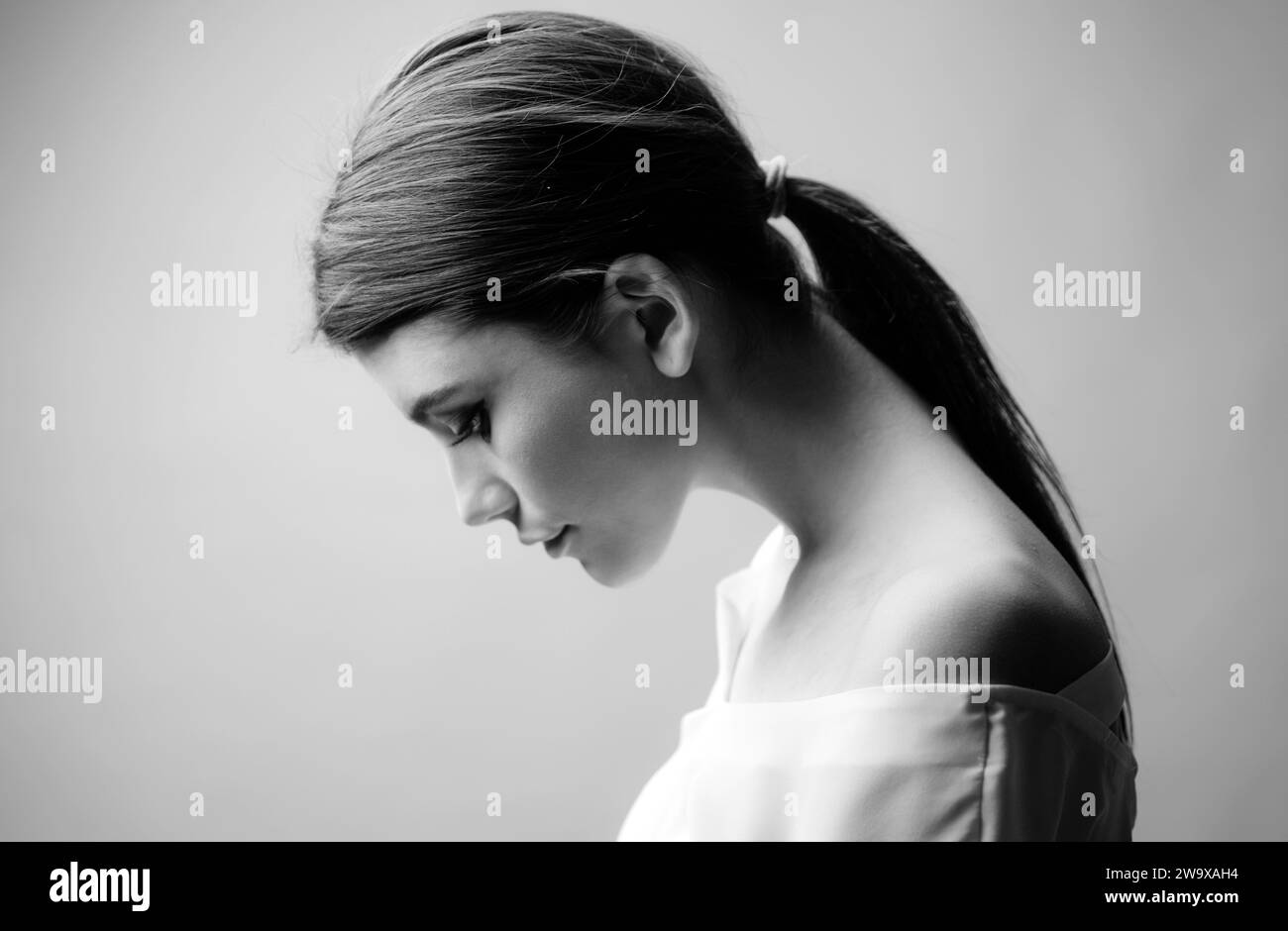 Thinking woman looking down. Problems solution. Overthinking girl Stock ...