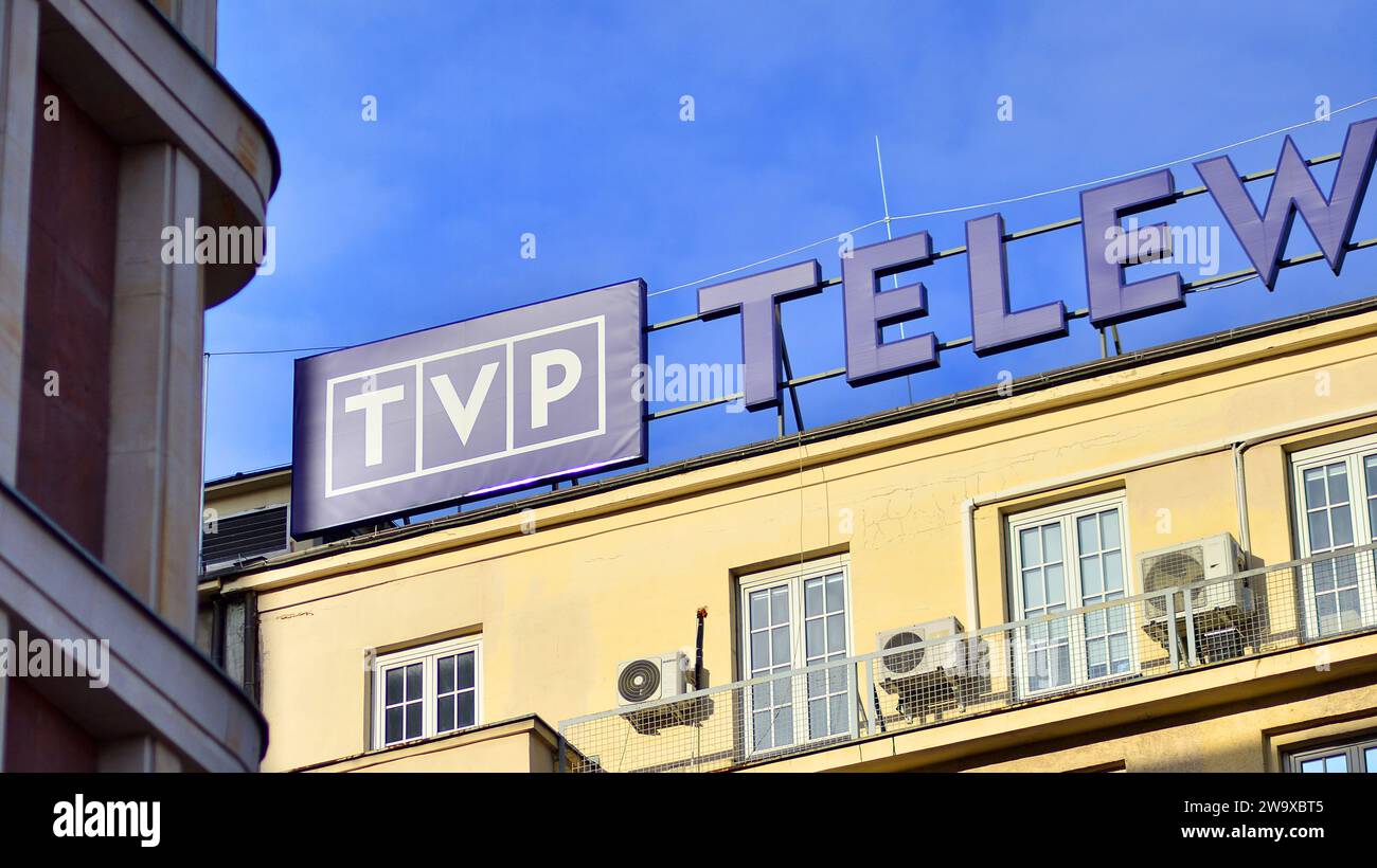 Warsaw, Poland. 29 December 2023. Signage on the building facade. TVP ...