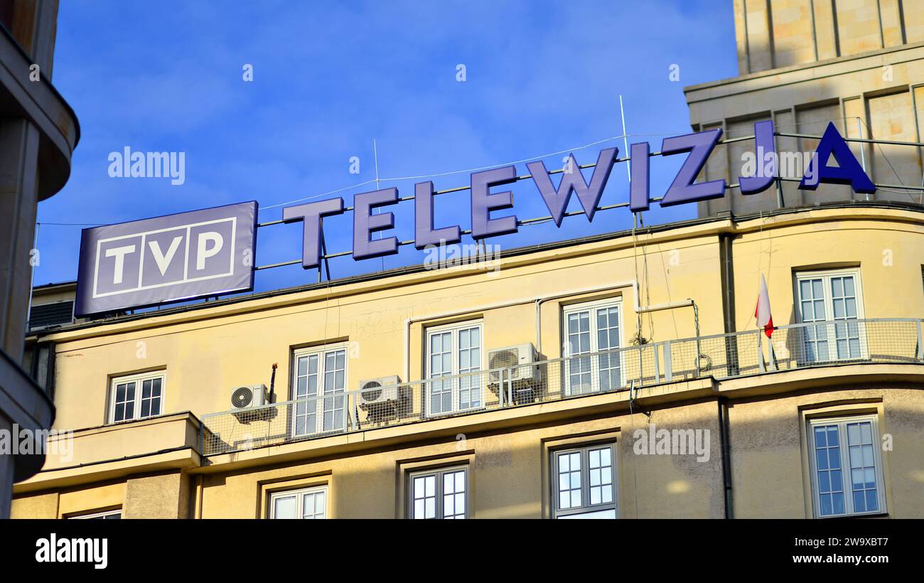 Warsaw, Poland. 29 December 2023. Signage on the building facade. TVP ...