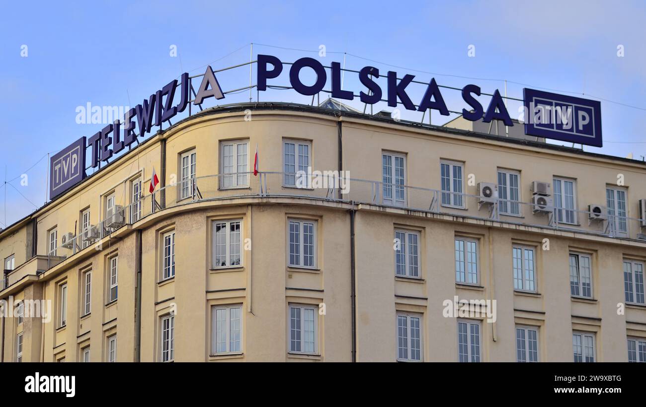 Warsaw, Poland. 29 December 2023. Signage on the building facade. TVP ...