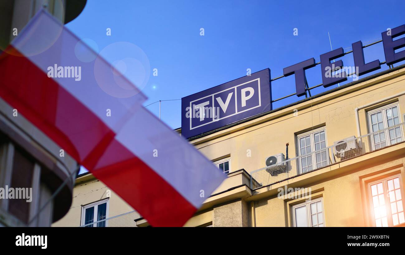 Warsaw, Poland. 29 December 2023. Signage on the building facade. TVP ...