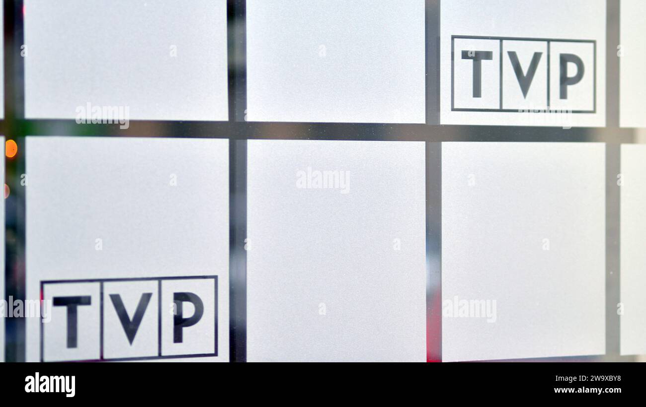 Warsaw, Poland. 29 December 2023. Signage on the building facade. TVP ...