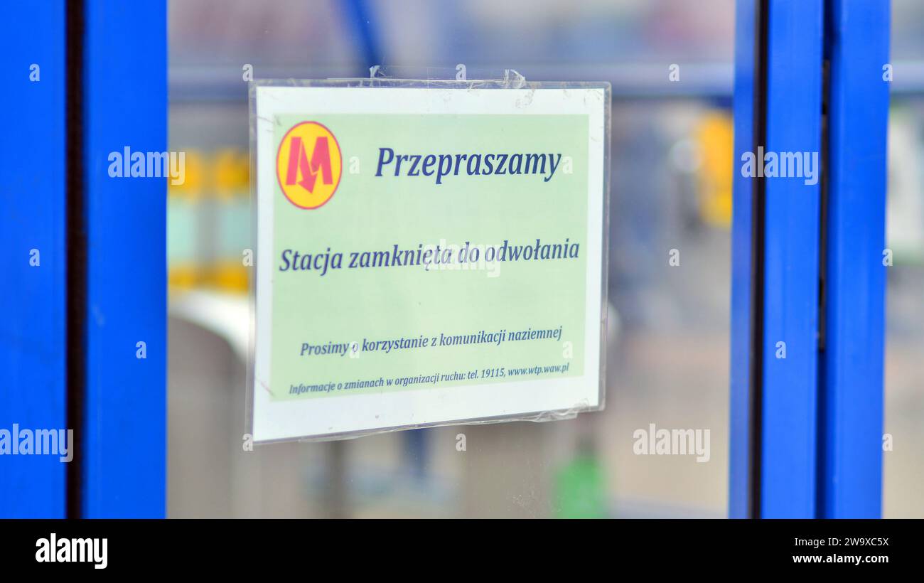 Warsaw, Poland. 29 December 2023. A sign in the entrance to the metro ...