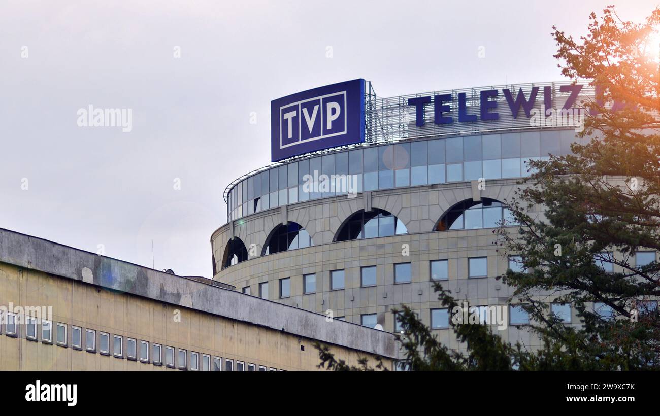 Warsaw, Poland. 29 December 2023. Signage on the building facade. TVP ...