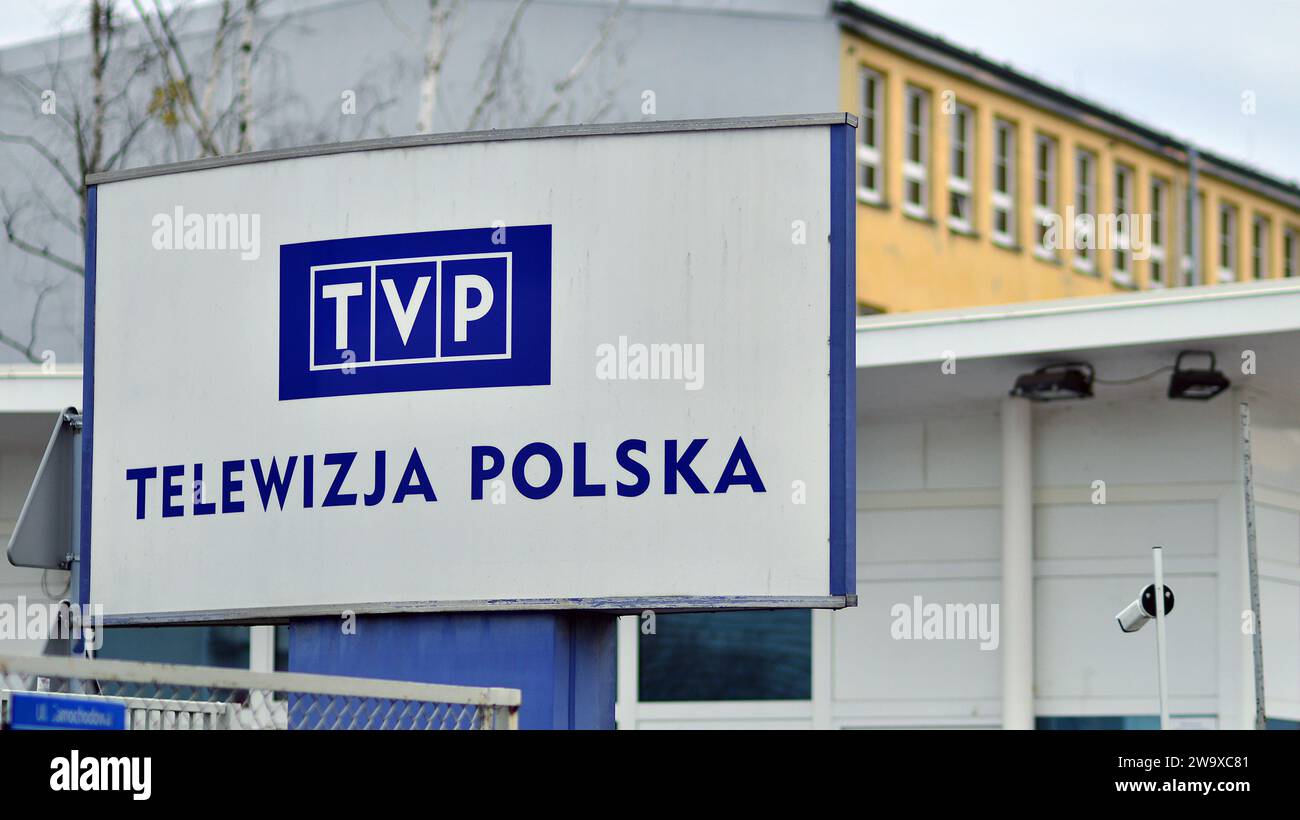 Warsaw, Poland. 29 December 2023. Signage on the building facade. TVP ...