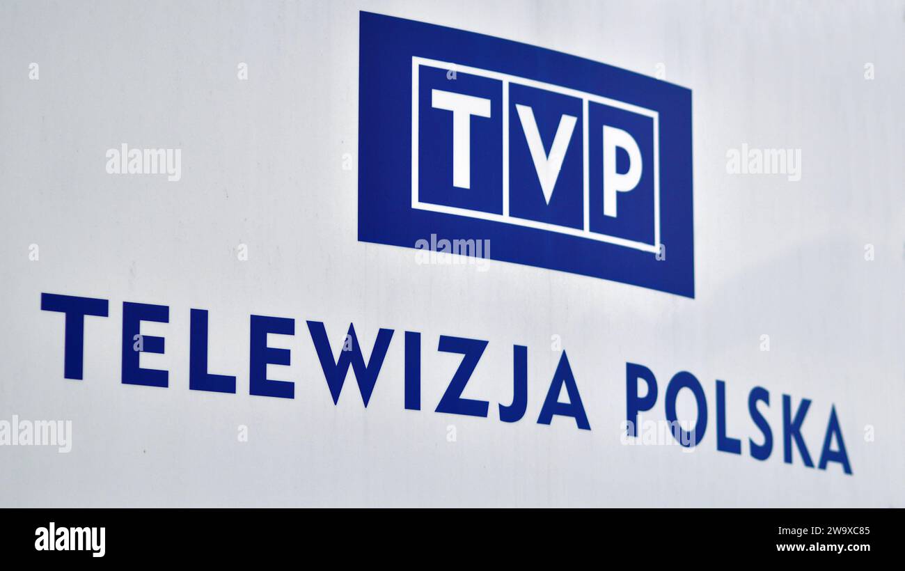 Warsaw, Poland. 29 December 2023. Signage on the building facade. TVP ...