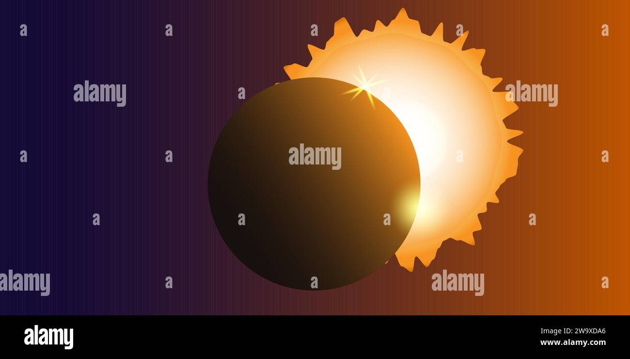 Solar eclipse dark sky shining stars event. Dark moon on the background bright sun. Astronomy ...