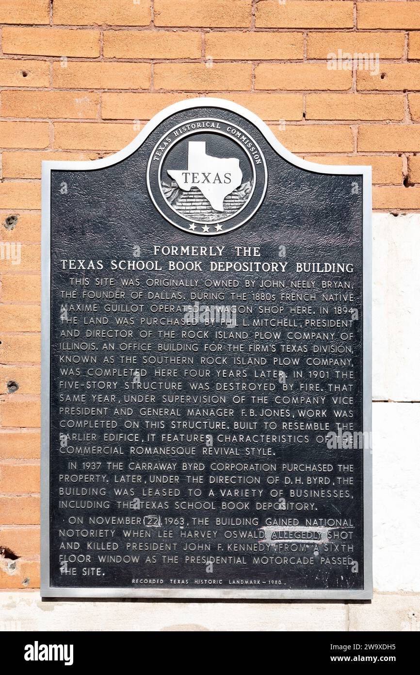 Dallas, USA - November 6, 2023: plate at the place of the assassination ...