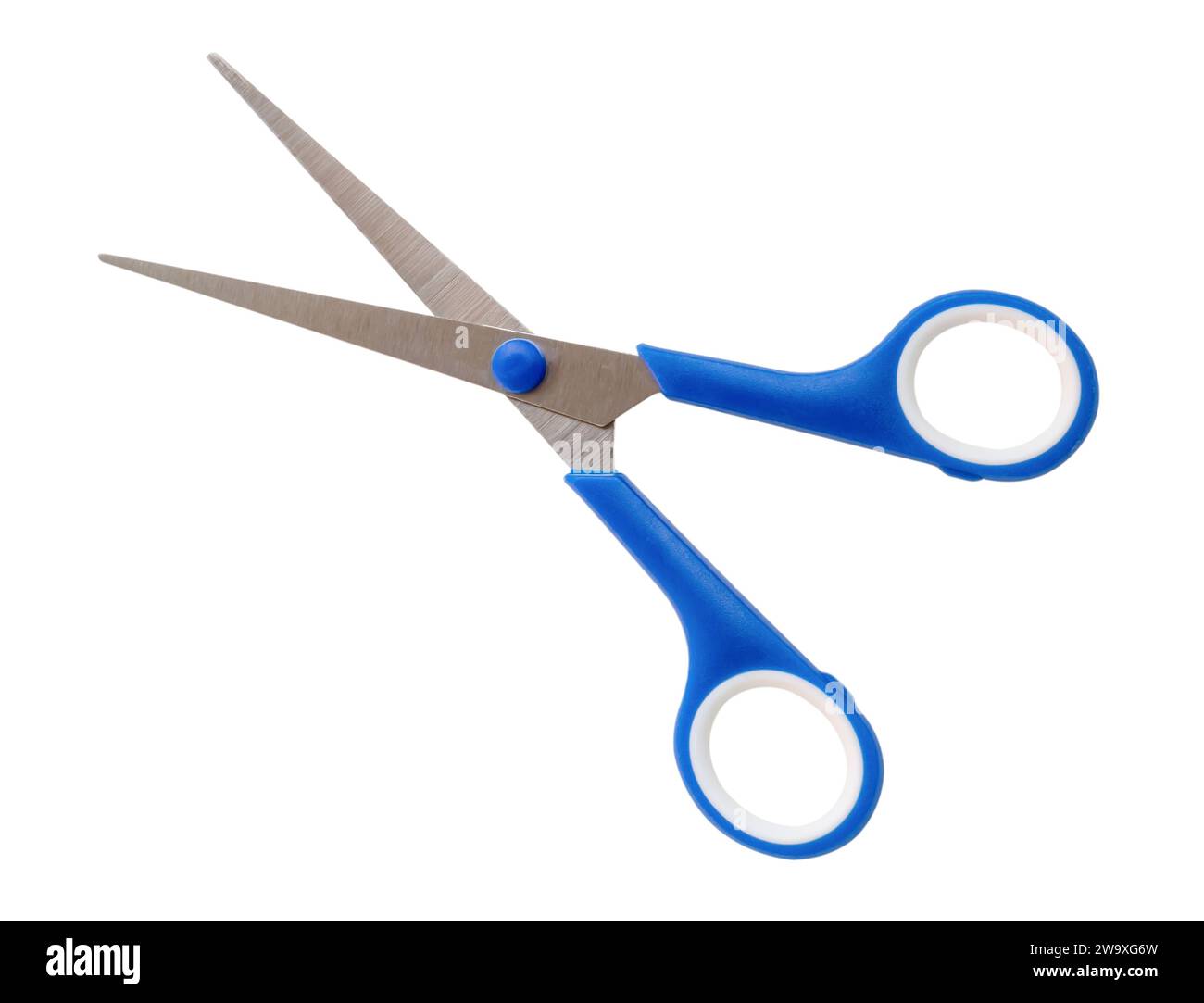 Small multipurpose scissors with blue handle is isolated on white ...