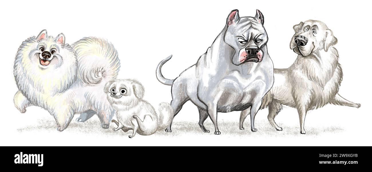 Cute funny cartoon white dogs pet characters. Different breeds doggy ...