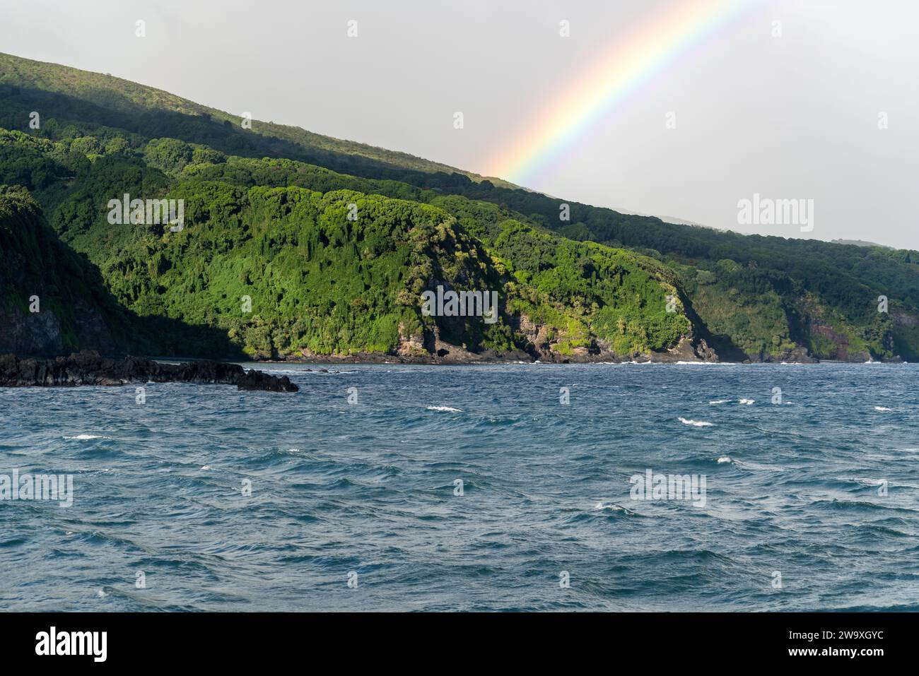 A subtle rainbow touches the lush, cliffside greenery of Haleakalā ...