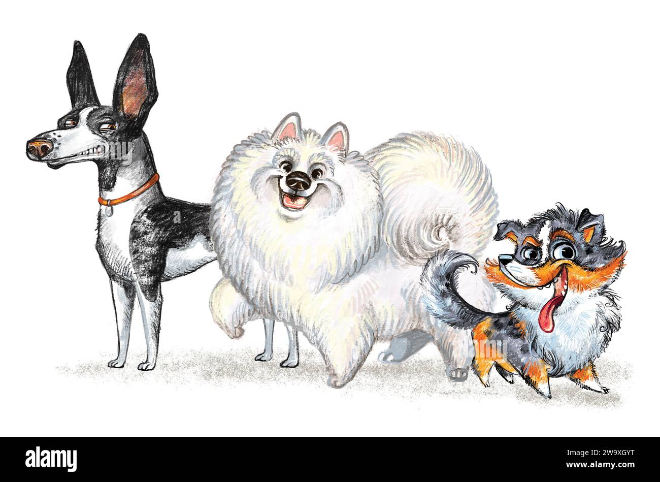 Cute funny cartoon white dogs pet characters. Different breeds doggy ...