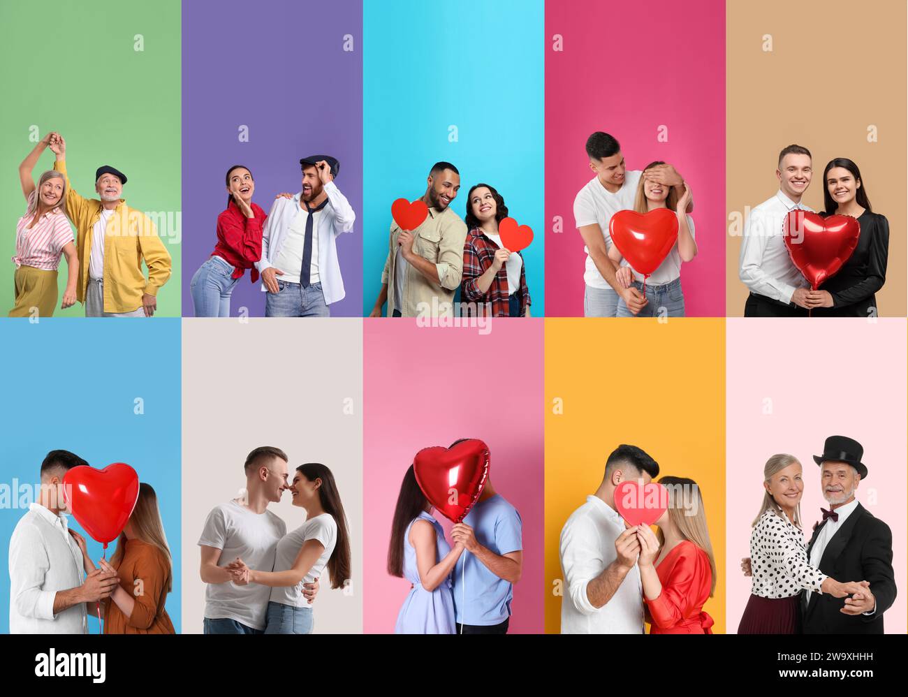 Romantic date. Different lovely couples on color backgrounds, set of ...
