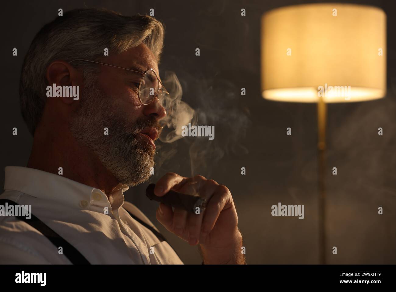 Bearded man smoking cigar indoors. Space for text Stock Photo - Alamy