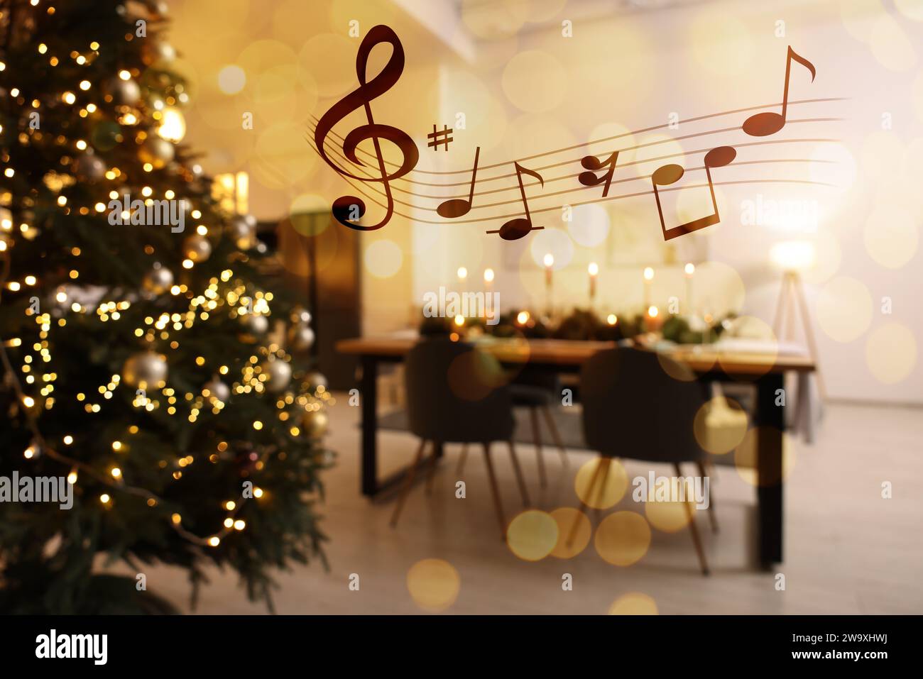 Music notes and blurred view of room decorated for Christmas and New ...