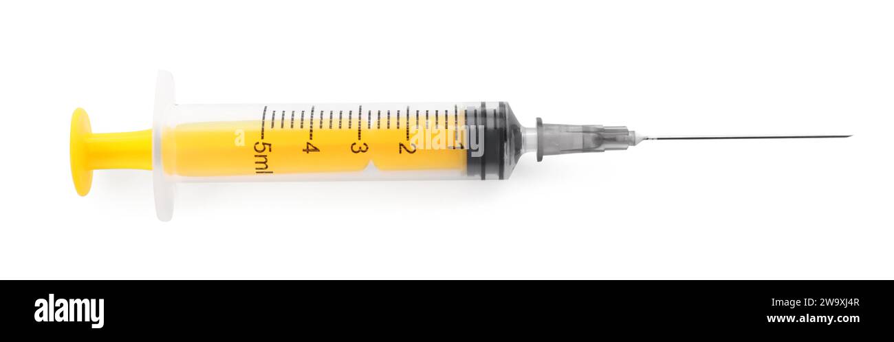 New medical syringe with needle isolated on white, top view Stock Photo ...