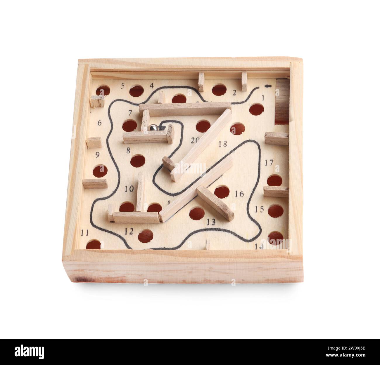 Wooden toy maze with metal ball isolated on white Stock Photo - Alamy