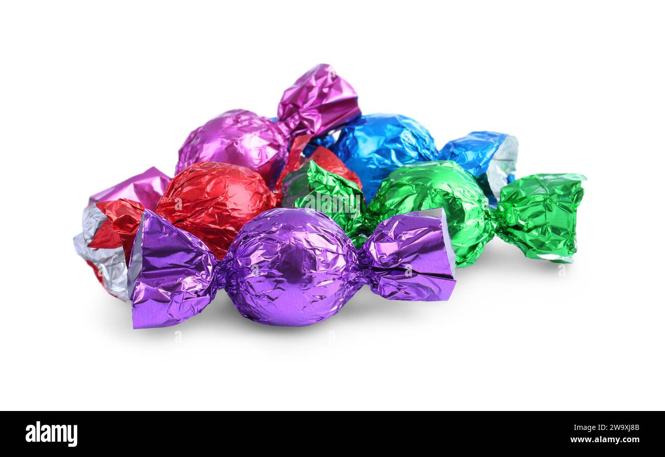 Tasty candies in colorful wrappers isolated on white Stock Photo - Alamy