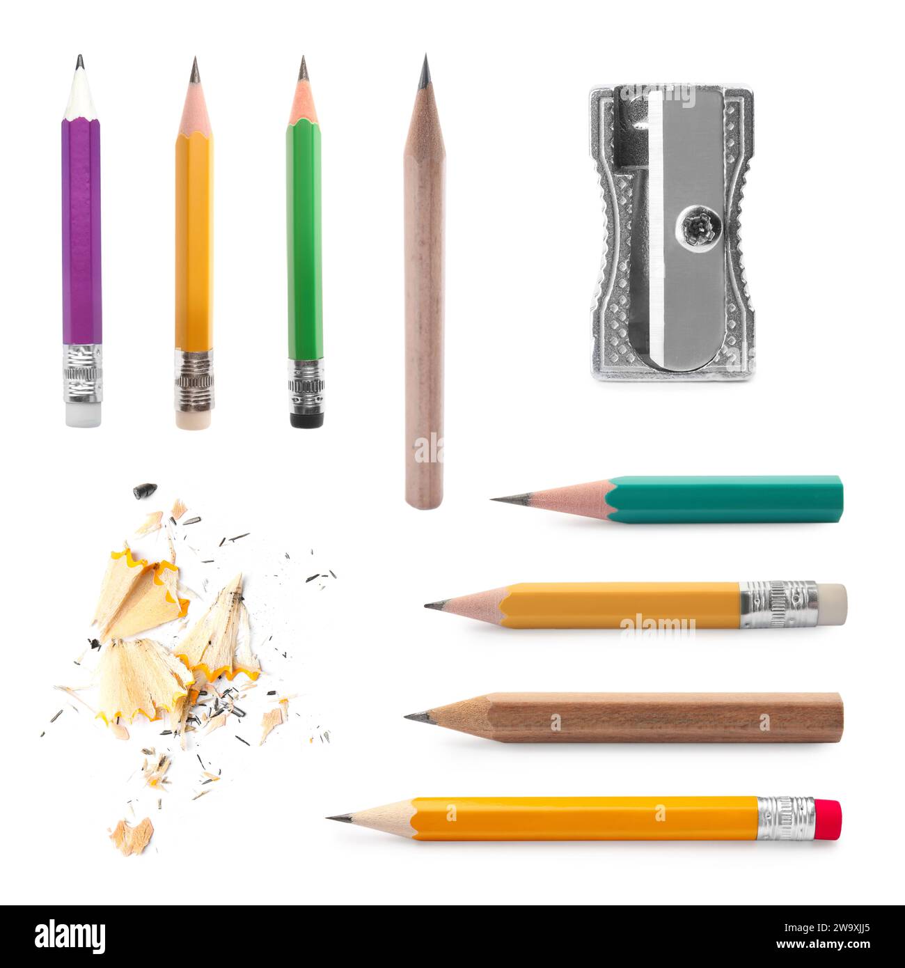 Different graphite pencils, sharpener and shavings isolated on white ...