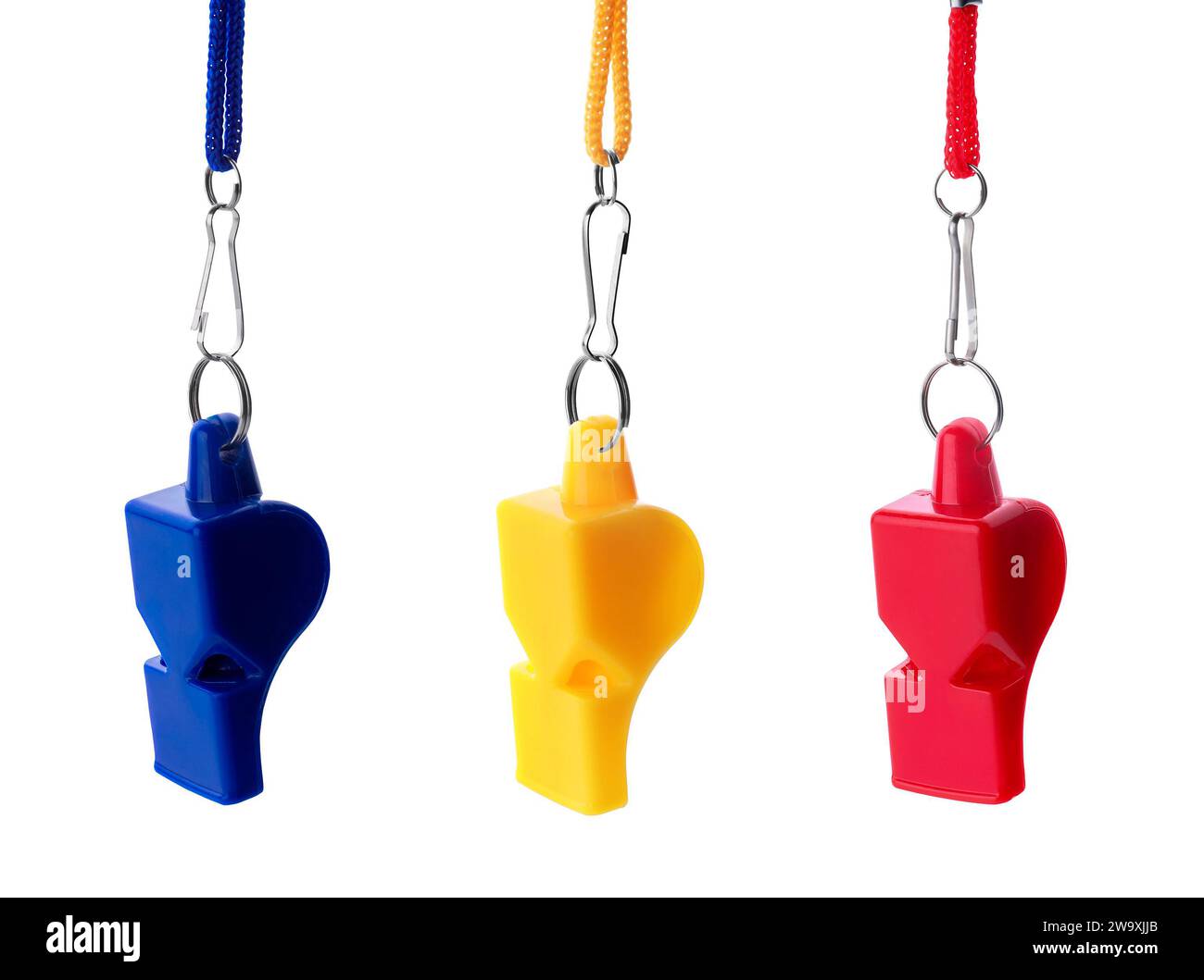 Different colourful whistles with cords isolated on white, set Stock ...