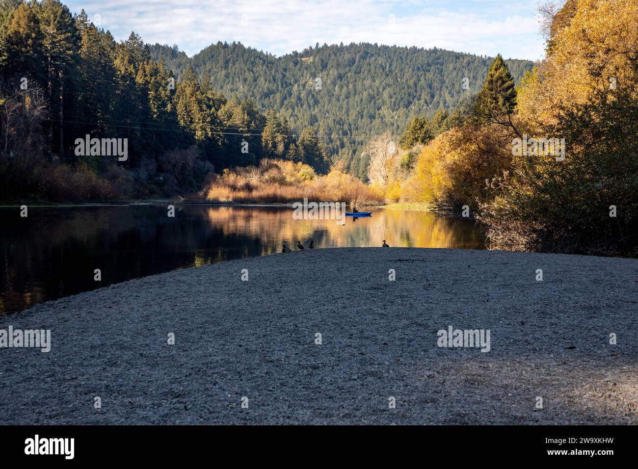 Person fishing from a kayak on the Russian River, near Monte Rio in ...