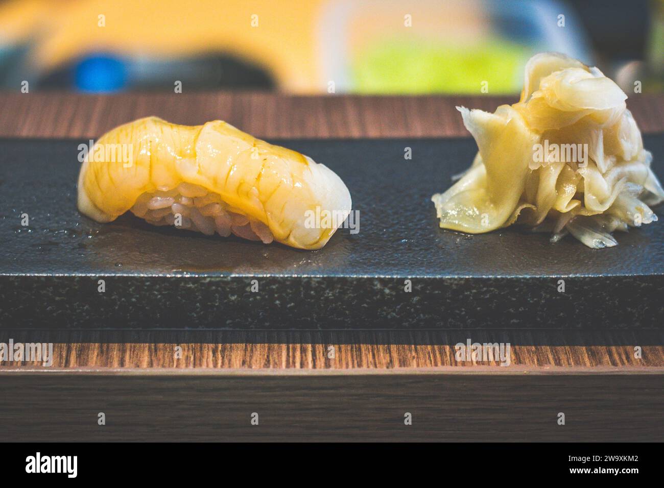 one serving of japanese nigiri rice sushi served with japanese pickled ...