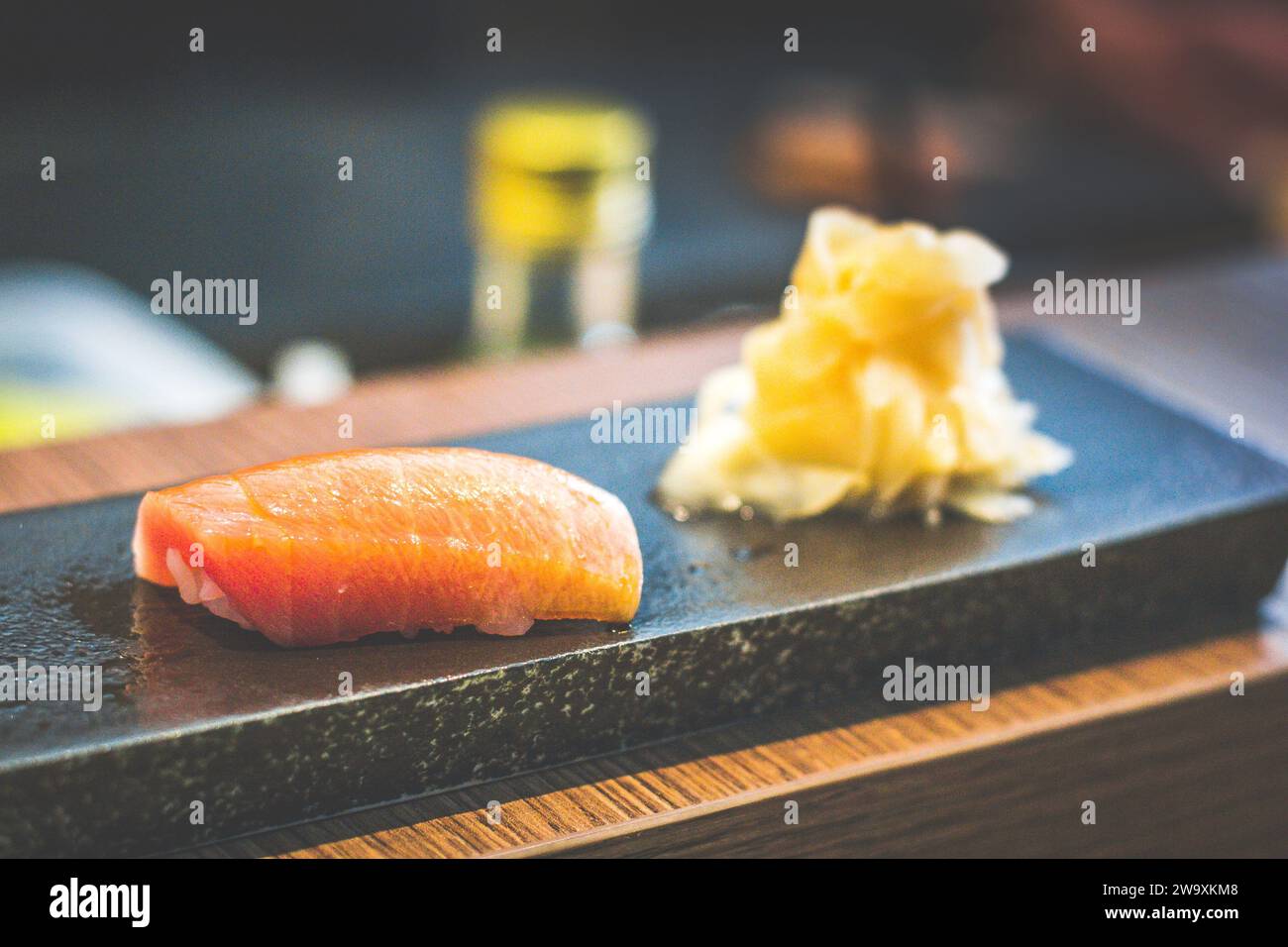 one serving of japanese nigiri rice sushi served with japanese pickled ...