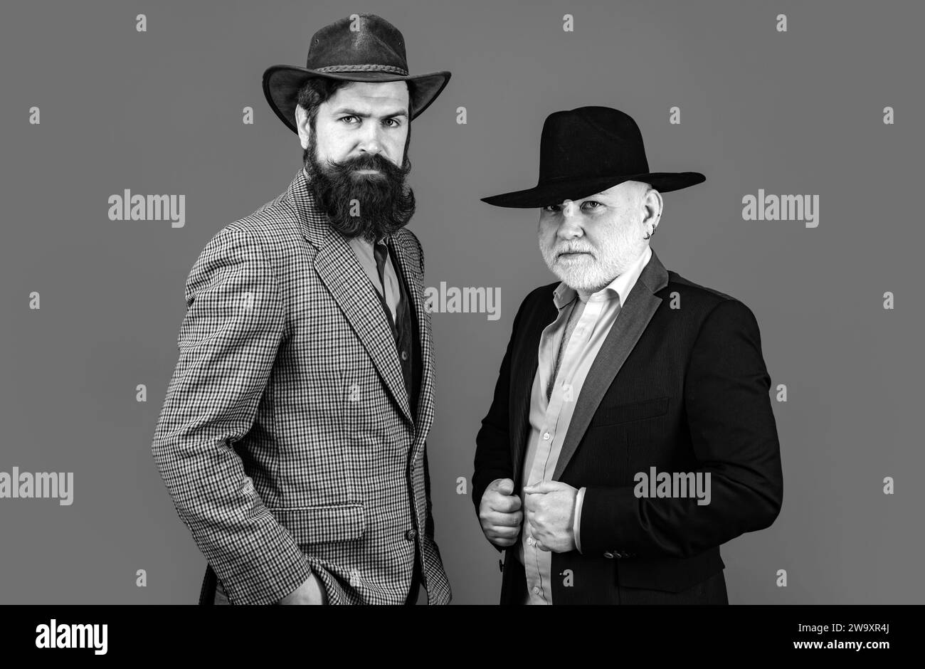 Head shot portrait of elderly mature senior dad and grownup son. Two ...
