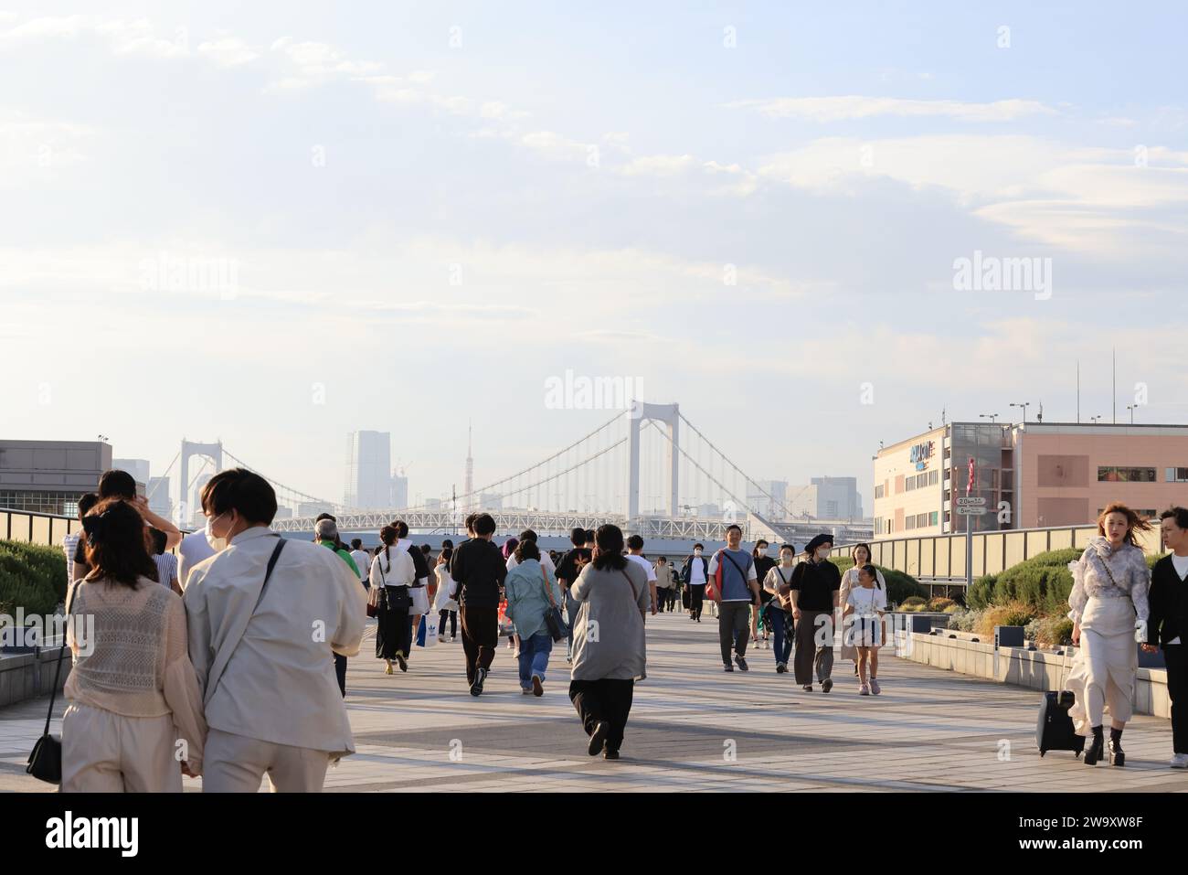 Tokyo May 5 2023: Family in Odaiba seaside park. Odaiba seaside park is ...