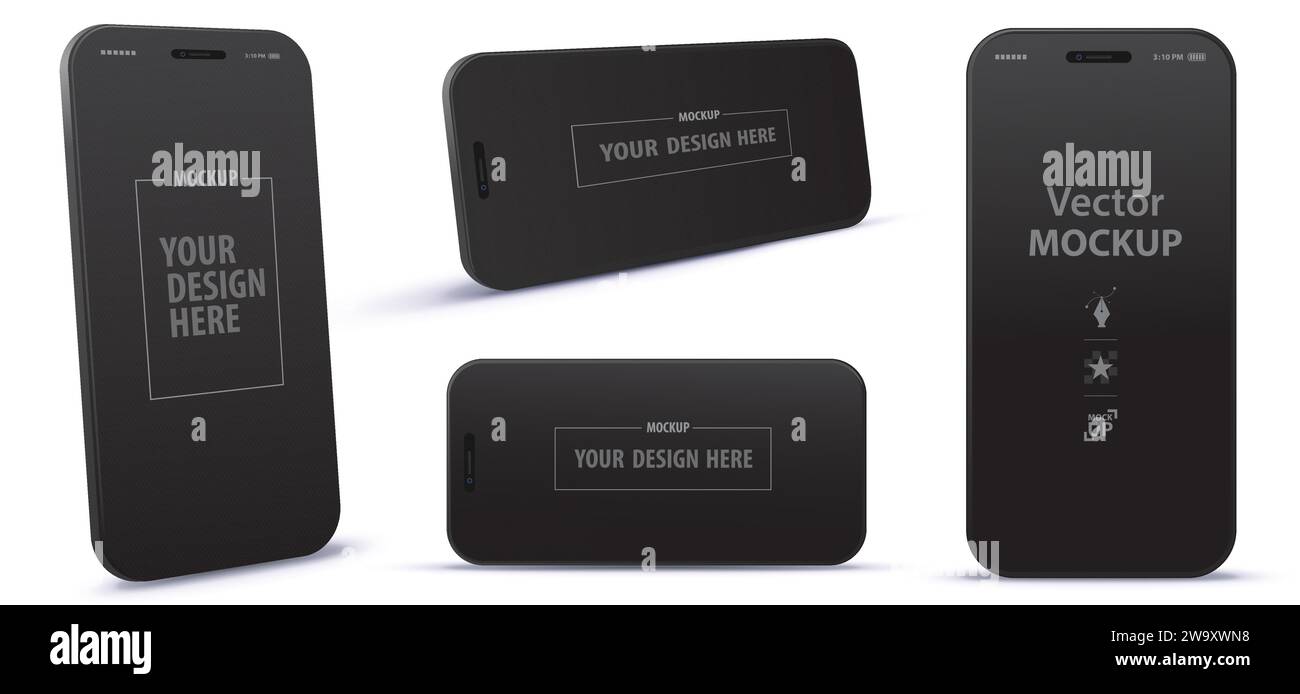 Black Mobile Phone Vector Illustrations. Realistic Smartphone mockup ...