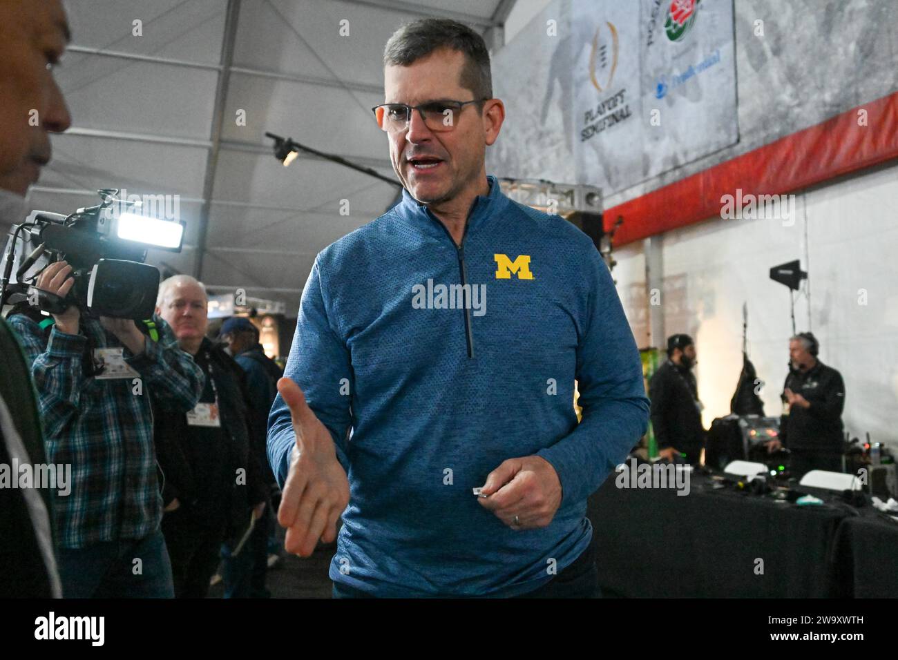 Michigan Wolverines head coach Jim Harbaugh during Rose Bowl media day ...