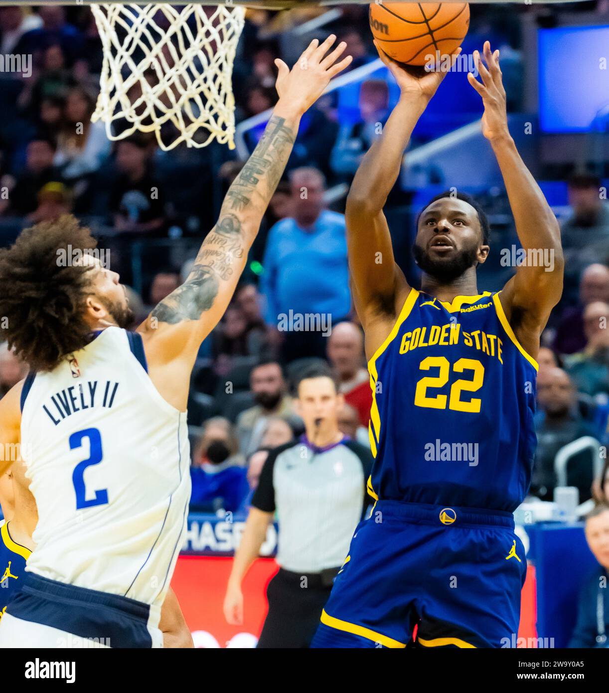 San Francisco, USA. 30th Dec, 2023. Andrew Wiggins (R) of Golden States ...