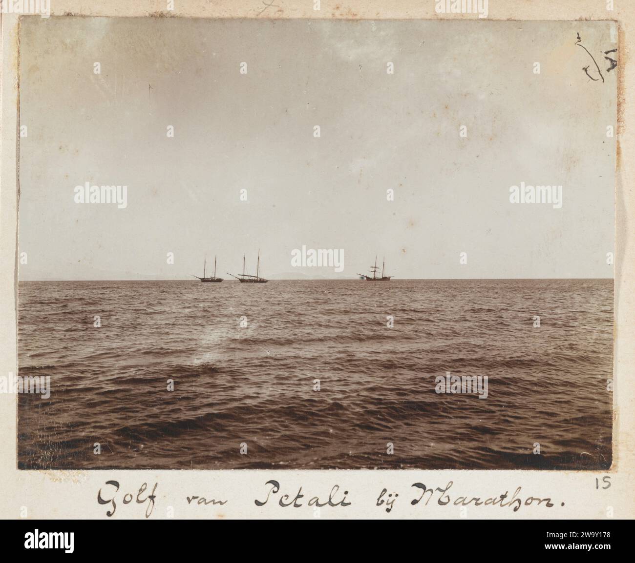 Three sailing ships in the Gulf of Petalia, near Marathónas, 1898 ...