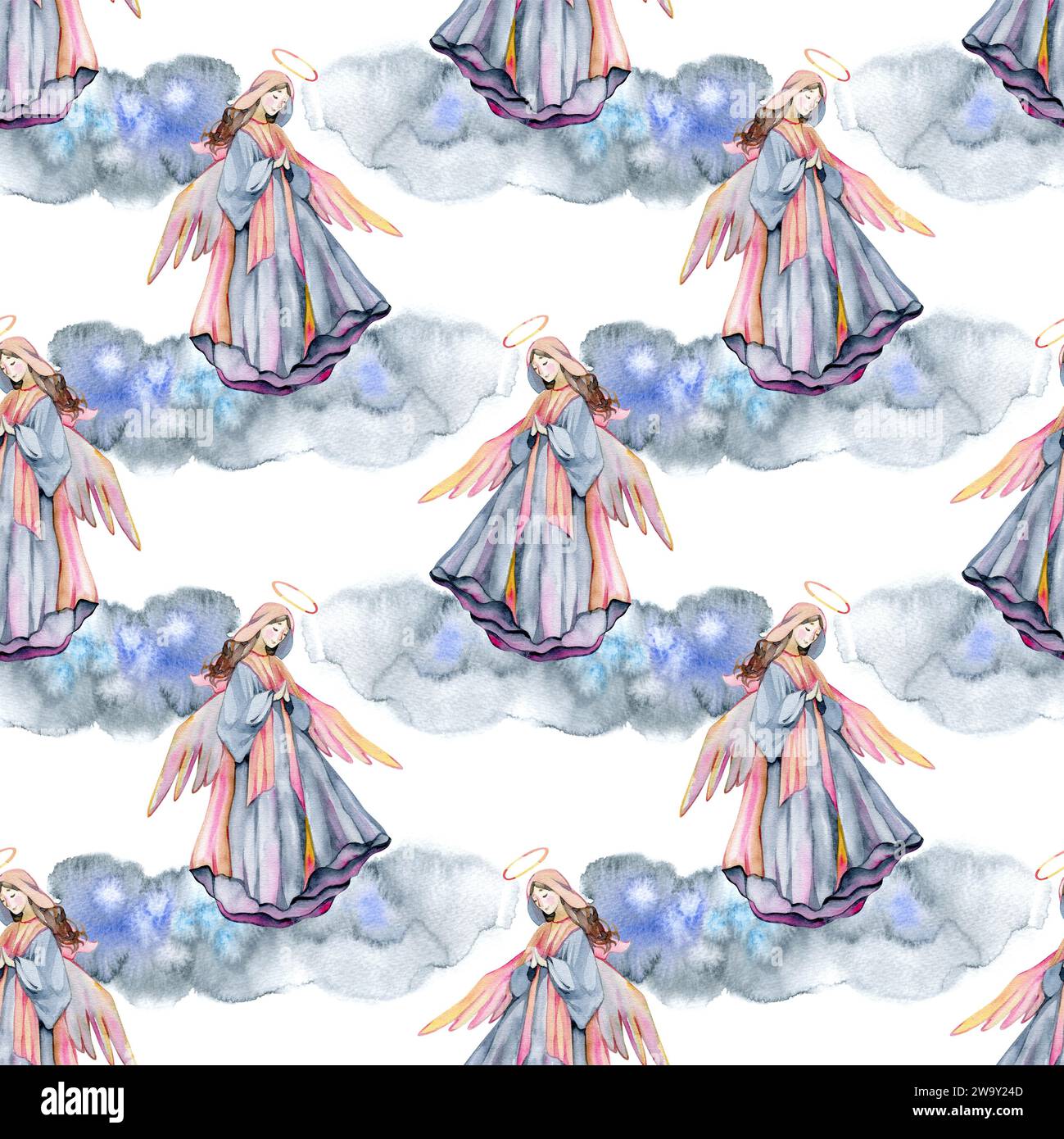 Watercolor angels seamless pattern. Christian pattern with clouds and ...