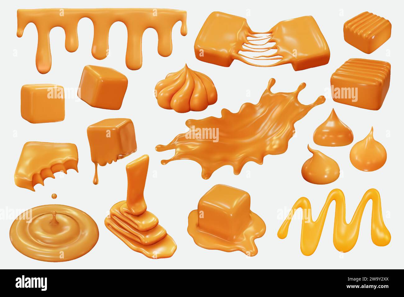 Set of 3d realistic caramel liquid splash on white background vector ...