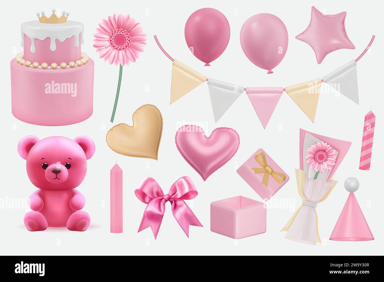 Set of 3d element for celebration, party, greeting and decoration. Pink ...