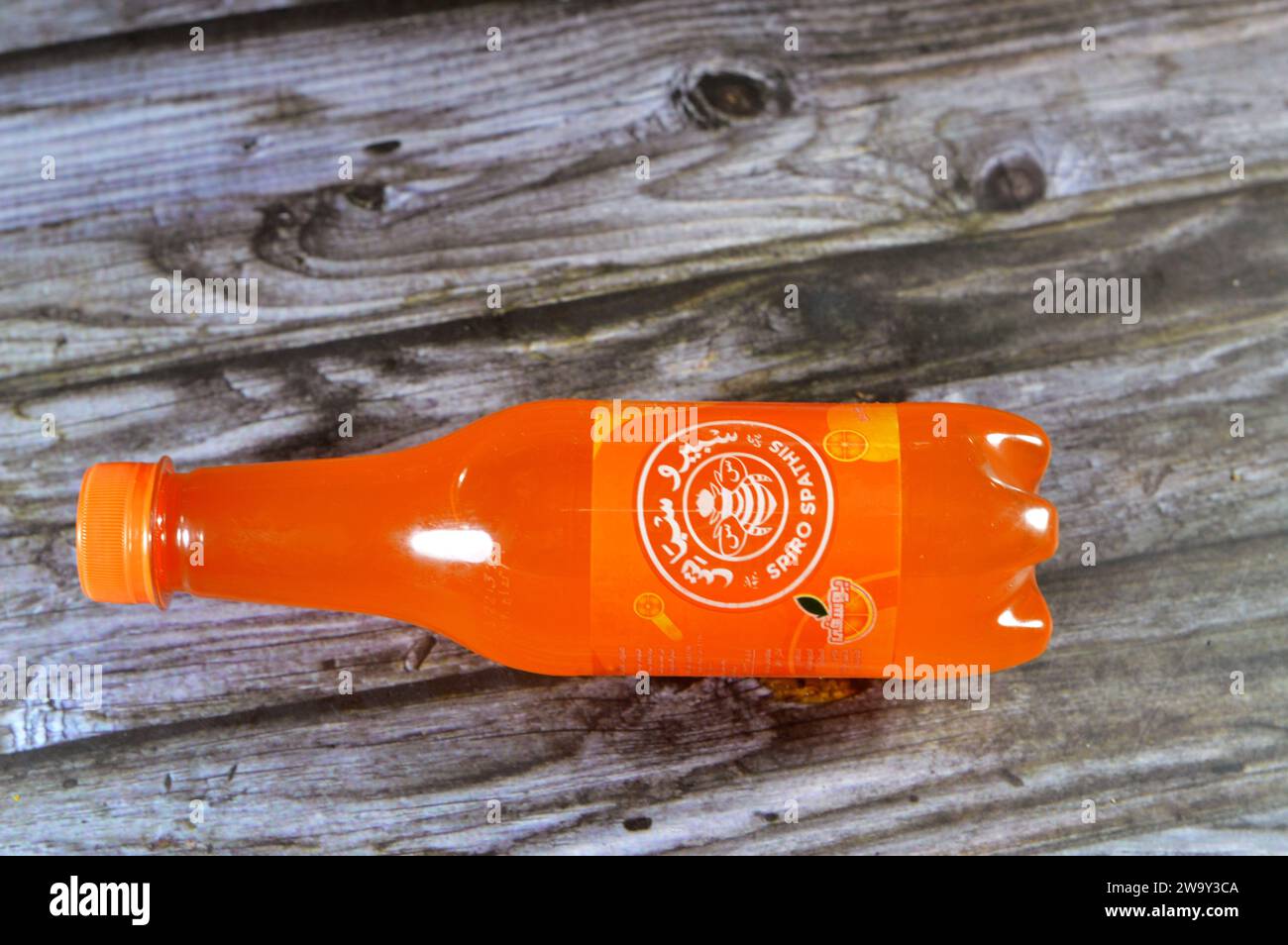 Cairo, Egypt, December 25 2023: Spiro Spathis mandarin orange soda ...
